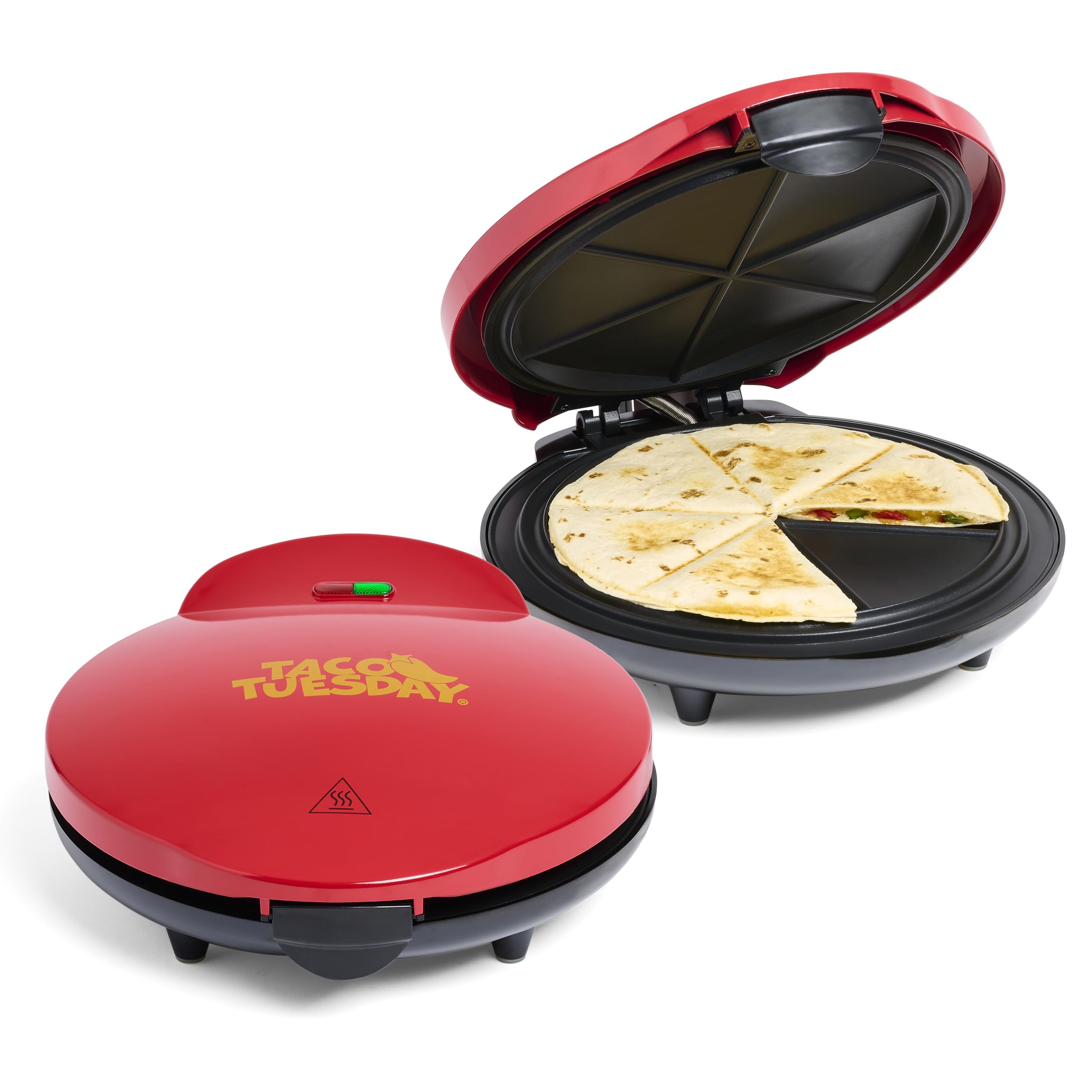 Taco Tuesday Deluxe 10" 6-Wedge Electric Quesadilla Maker with Extra Stuffing Latch, Red
