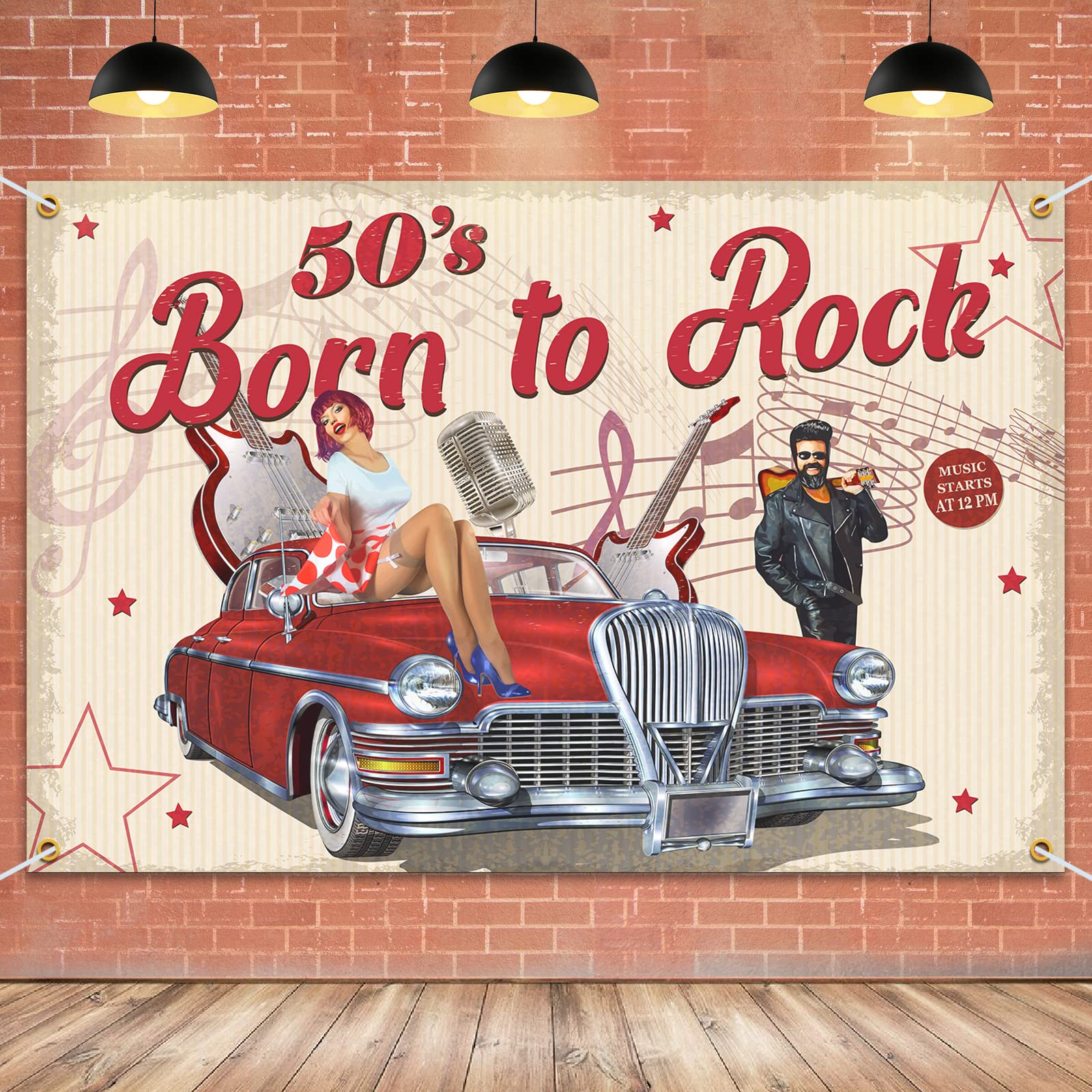 Born to Rock Backdrop Banner Decor Beige - 50s Rock and Roll Birthday Party Theme Decorations for 1950's Men Women Supplies