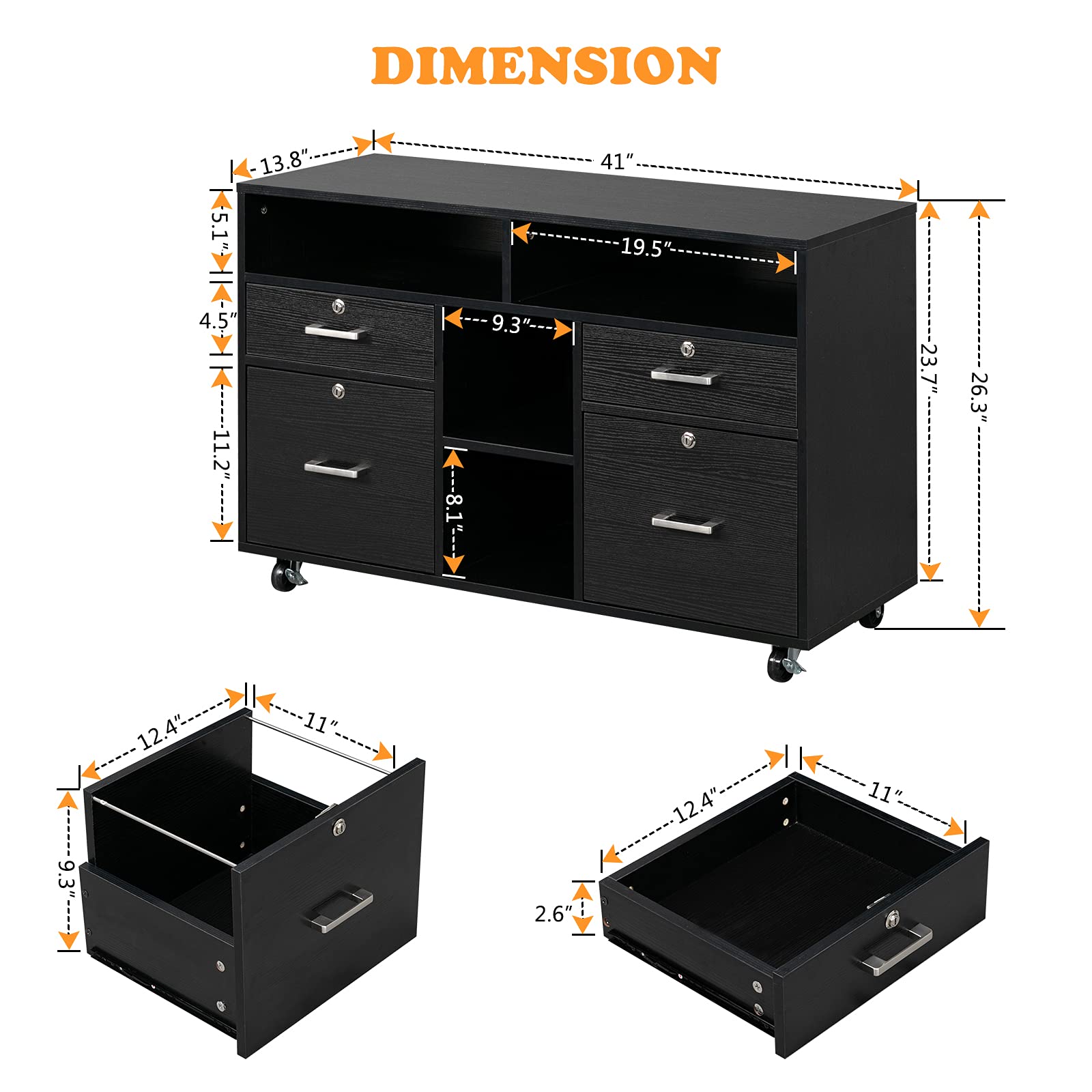 VINGLI Wood Mobile File Cabinet with 4 Drawers and Shelves, Printer Stand with Open Storage, Locking Lateral Filing Cabinet for Home Office, Black