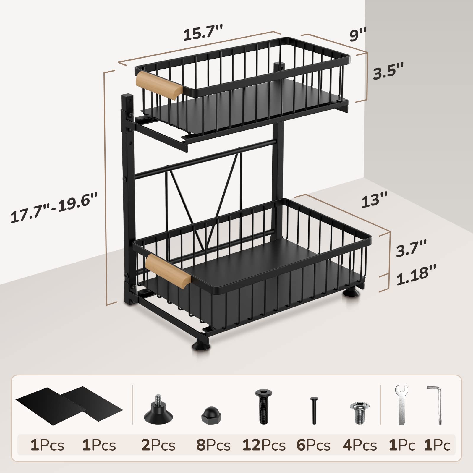 Under Sink Organizer, Pull Out Cabinet Organizer, Metal 2-Tier Under Sink Storage, Adjustable Height Rack Shelf Drawers Sliding Basket for Kitchen Bathroom Utility Room Cabinet