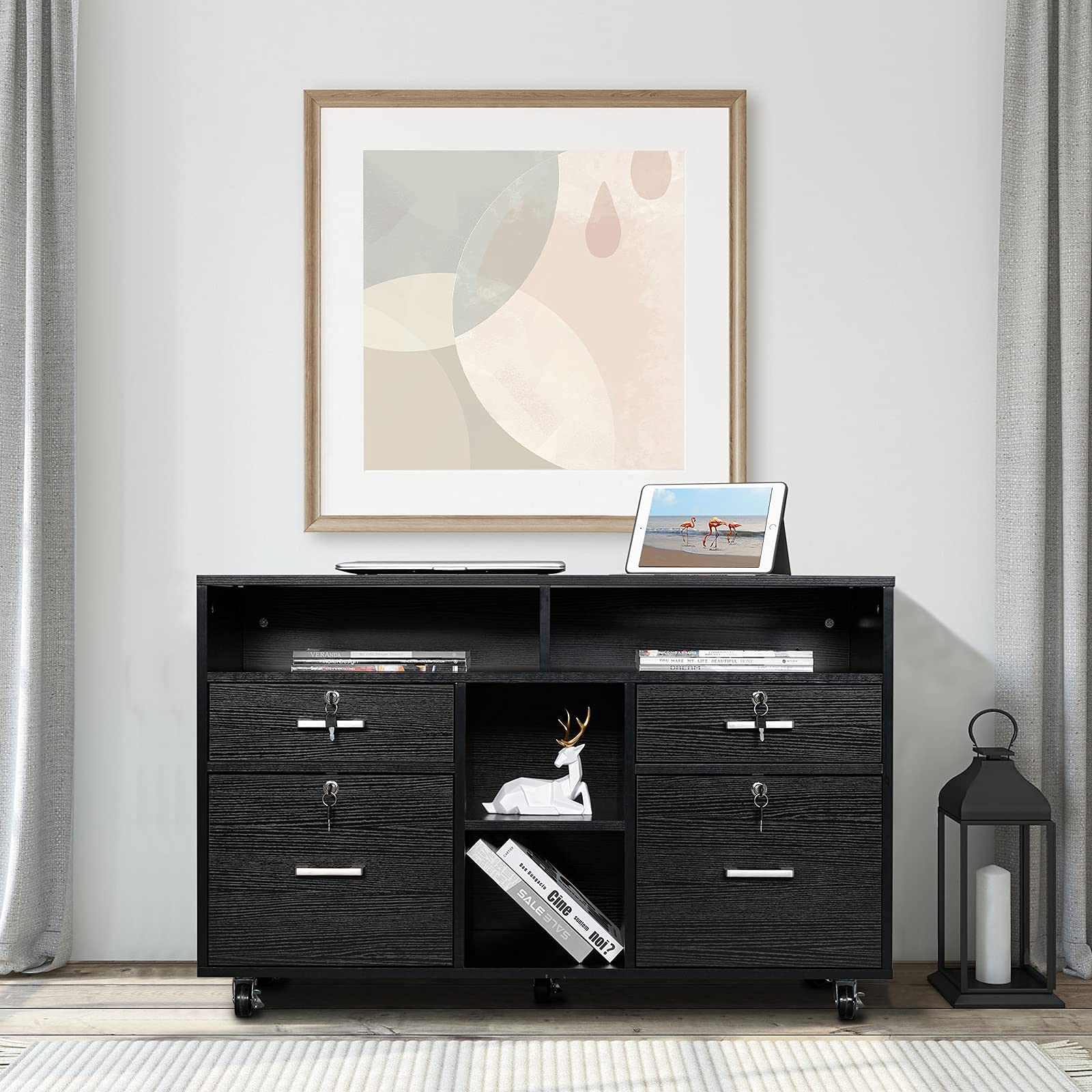 VINGLI Wood Mobile File Cabinet with 4 Drawers and Shelves, Printer Stand with Open Storage, Locking Lateral Filing Cabinet for Home Office, Black