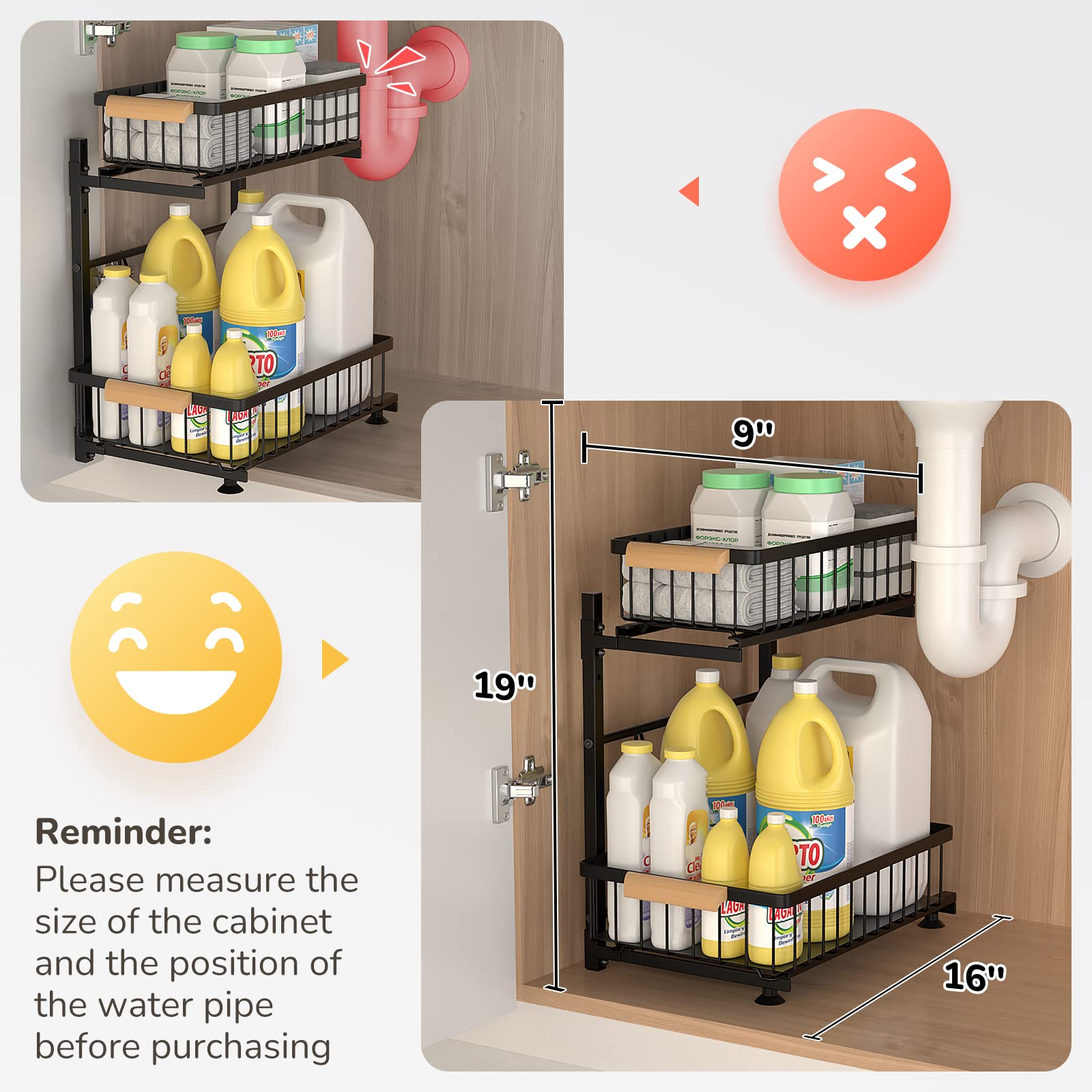Under Sink Organizer, Pull Out Cabinet Organizer, Metal 2-Tier Under Sink Storage, Adjustable Height Rack Shelf Drawers Sliding Basket for Kitchen Bathroom Utility Room Cabinet