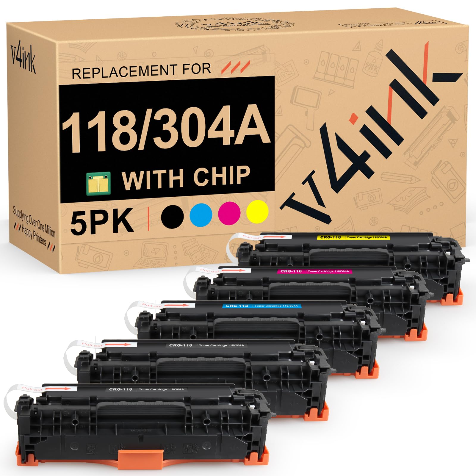 v4ink 5PK Remanufactured Toner Cartridge Replacement for Canon 118 HP 304A CC530A Toner for Canon ImageClass MF726Cdw MF8350CDN MF8580Cdw MF8380Cdw LBP7660Cdn Printer 2 Black 1 Cyan 1 Magenta 1 Yellow
