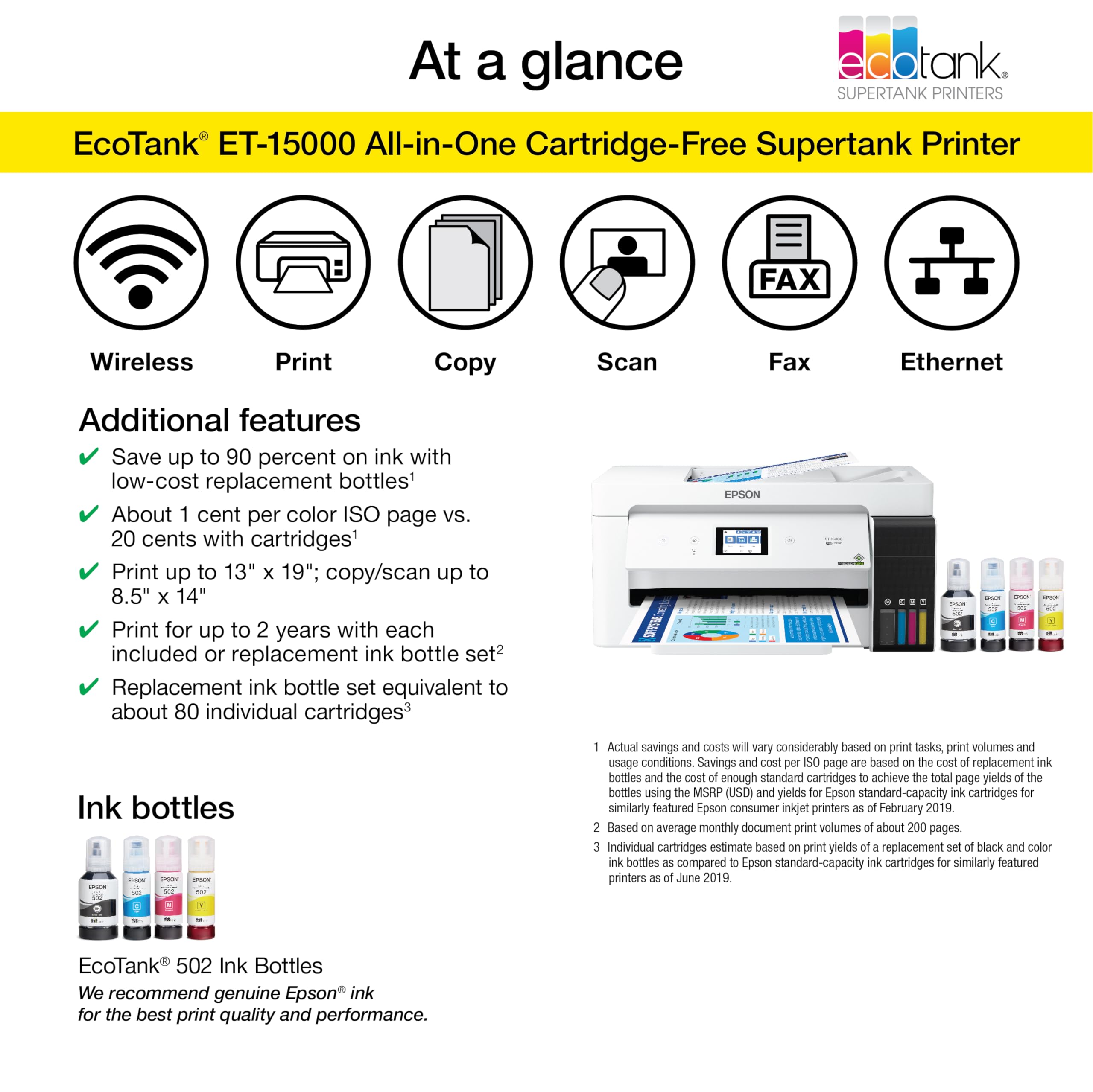 Epson EcoTank ET-15000 Wireless Color All-in-One Supertank Printer with Scanner, Copier, Fax, Ethernet and Printing up to 13 x 19 Inches
