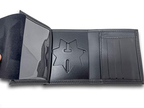7 Point Star Recessed Badge Bifold WALLET, Genuine Leather Badge 2.87 x 2.85 & ID Holder 2.5 x 4 Credit Card WALLET