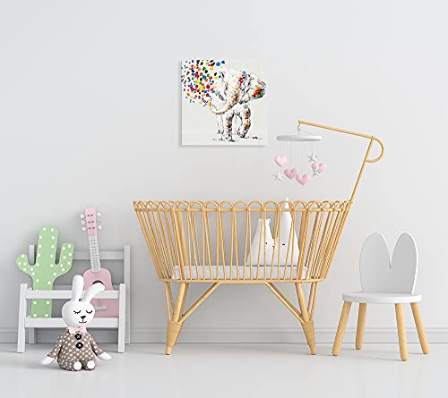 Happy Elephant Canvas Wall Art Cute Elephant Spraying Water Picture Print for Kids Room Bathroom Poster Framed Ready to Hang (14"x14"x1 Panel)