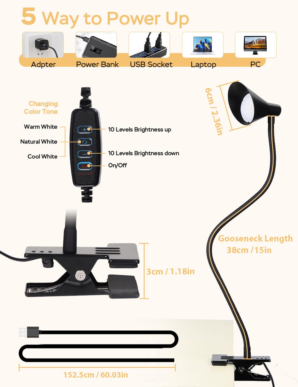 LiFMIRA LED Desk Lamp with Clamp 30min Timer 30 Lighting Modes Eye Caring 108 LEDs Architect Task Lamp Long Flexible Gooseneck Clamp Lamps for Home Office Dorm with 12W Adapter & 87.8in Cord