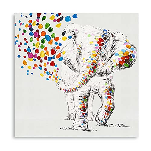 Happy Elephant Canvas Wall Art Cute Elephant Spraying Water Picture Print for Kids Room Bathroom Poster Framed Ready to Hang (14"x14"x1 Panel)