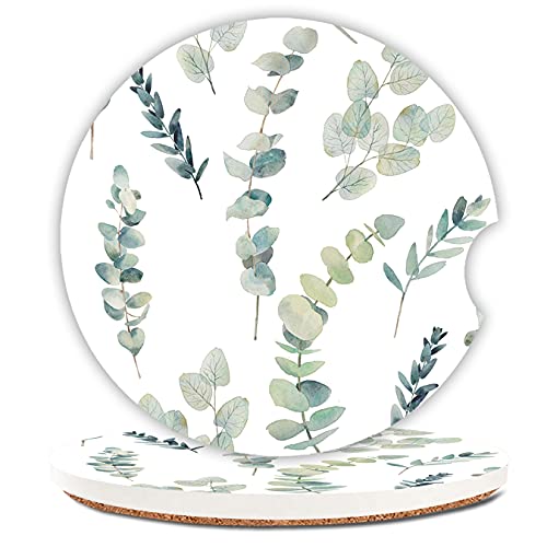 Green Leaf Watercolor Floral Absorbent Cup Holders Car Coasters,Ceramic Stone Drinks Coaster Set for Women Man 2.56"(2 Pack)