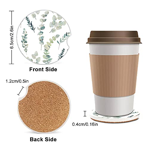 Green Leaf Watercolor Floral Absorbent Cup Holders Car Coasters,Ceramic Stone Drinks Coaster Set for Women Man 2.56"(2 Pack)