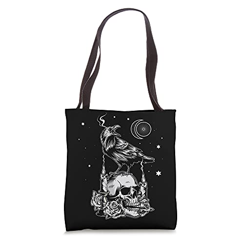 Black Crow Raven Skull Viking Norse Occult Gothic Tote Bag