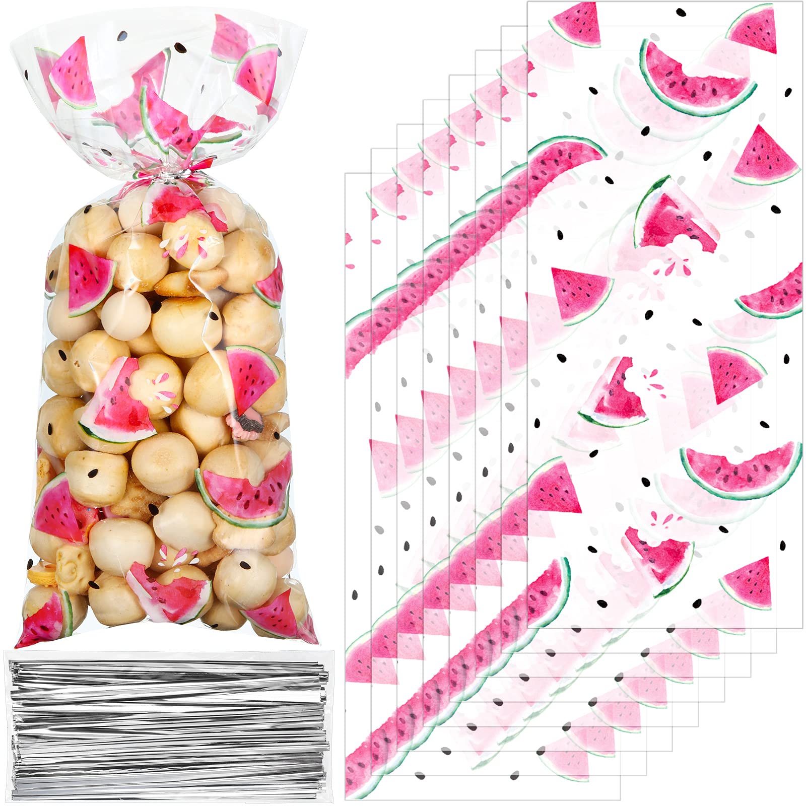 Zonon 100 Pieces Watermelon Treat Bags cellophane bags watermelon party bags Plastic Candy Bag Pink with 100 Silver Twist Ties for Summer Beach Watermelon Birthday Party Baby Shower Supplies