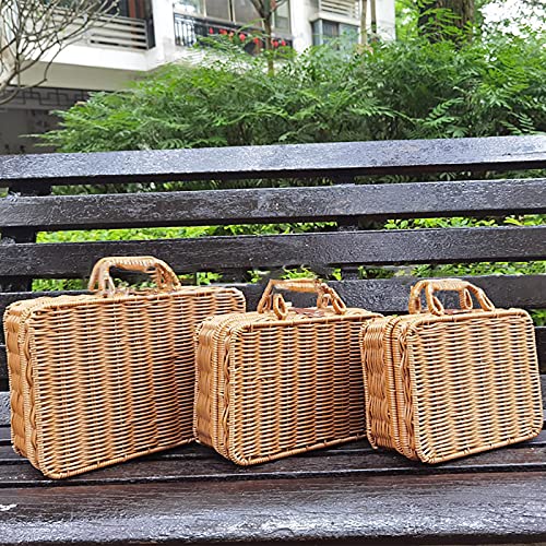 HIOODJO Seagrass Storage Baskets with Lids,Wicker Rattan Box,Rectangular Woven Bins,Artificial Wooden Suitcase for Shelf Organizer (11.6x4.7x8.3inches), Grey, (210518XU01-1-9361-1736483241)
