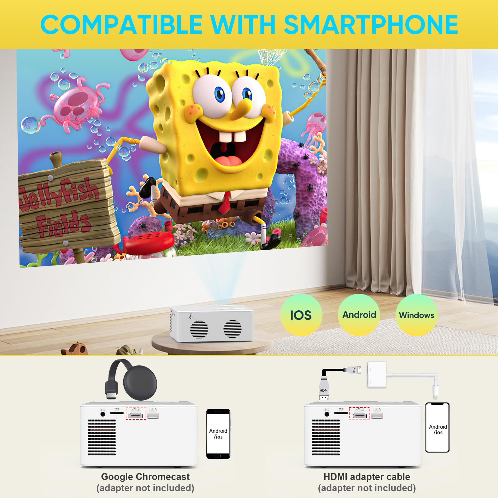 PURSHE Mini Projector 7500L, Full HD 1080P Supported Portable Outdoor Movie Projector for iOS, Android, Windows, Compatible with TV Stick/HDMI/Smartphone/PS4/USB [Remote Control Included]