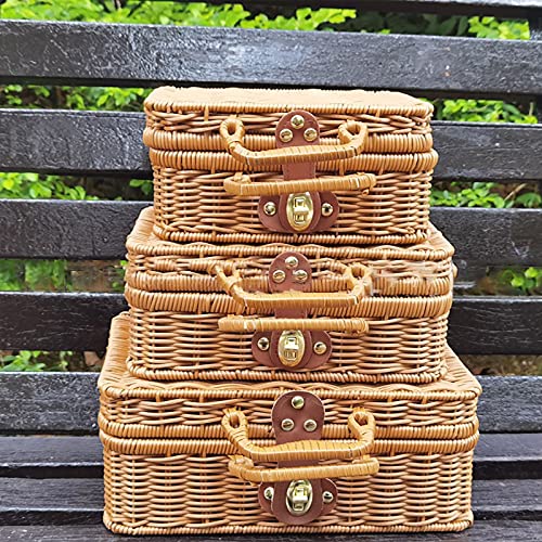 HIOODJO Seagrass Storage Baskets with Lids,Wicker Rattan Box,Rectangular Woven Bins,Artificial Wooden Suitcase for Shelf Organizer (11.6x4.7x8.3inches), Grey, (210518XU01-1-9361-1736483241)