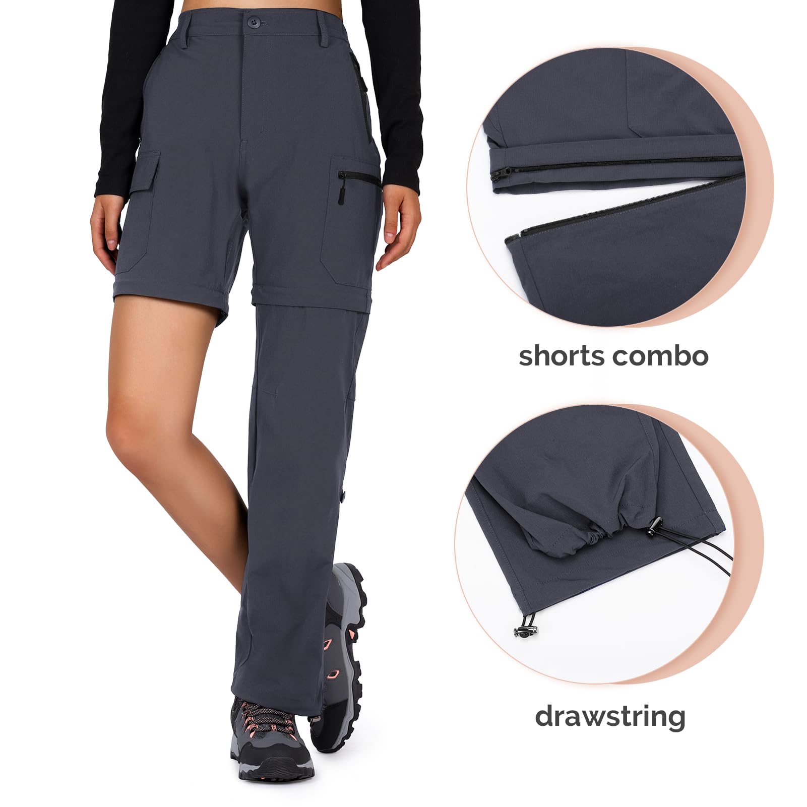 Cycorld Women's-Hiking-Pants-Convertible Quick-Dry-Stretch-Lightweight Zip-Off Outdoor Pants with 5 Deep Pockets (Grey, Small)