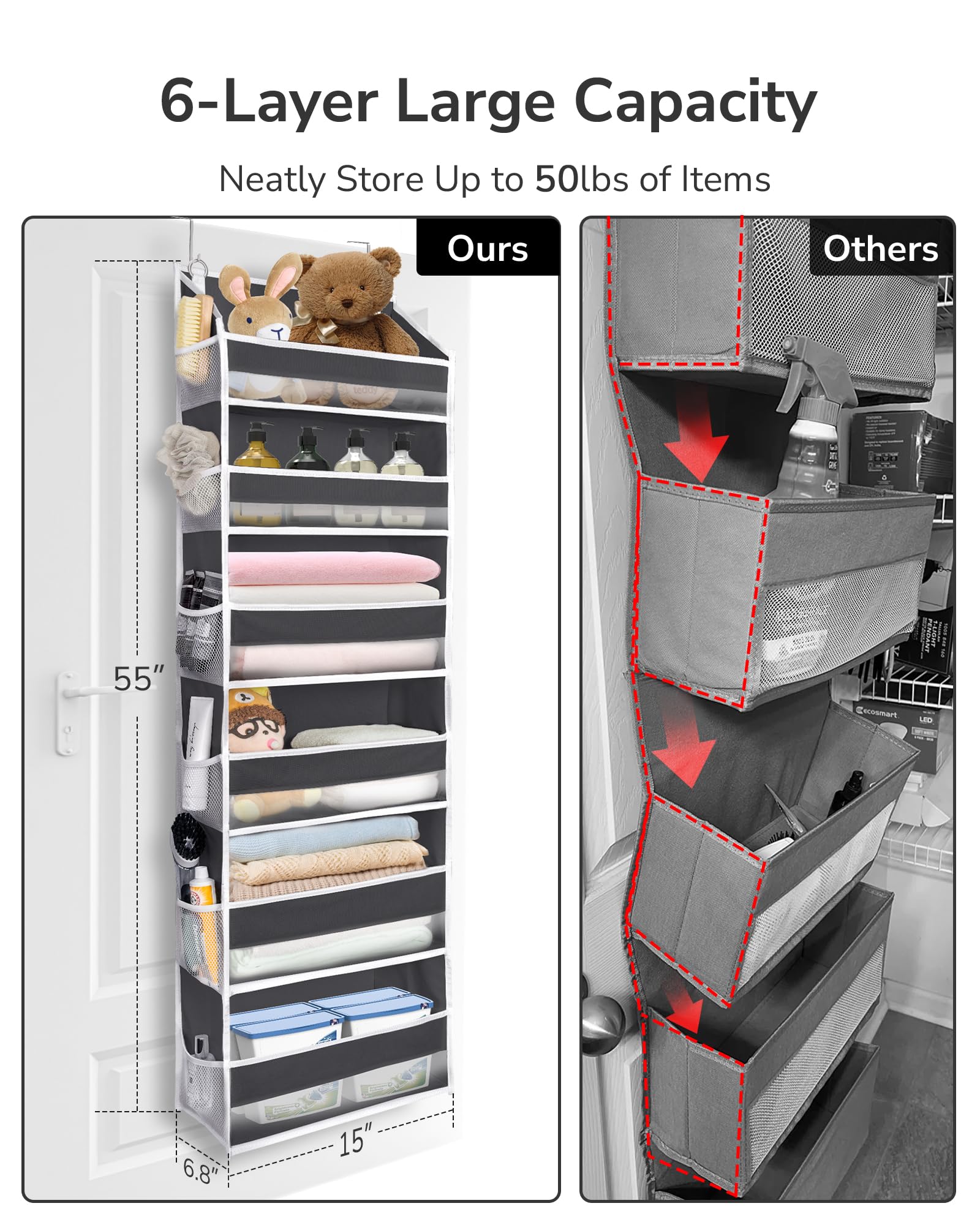 ULG Over Door Organizer with 4 Large Pockets 6 Mesh Side Pockets, 33 lbs Weight Capacity Hanging Storage Organizer with Clear Window for Bedroom Nursery, Baby Kids Toys, Diapers, Dark Grey (1 Pack)