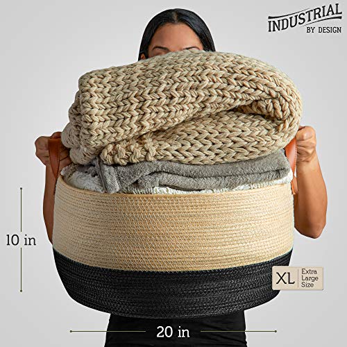 XL and Large Blanket Storage Baskets, 2pc Set – Luxury Palm Woven Basket with Durable Vegan Leather Handles – Decorative Basket for Living Room, Bedroom, Nursery, Blankets, Throws, Toys
