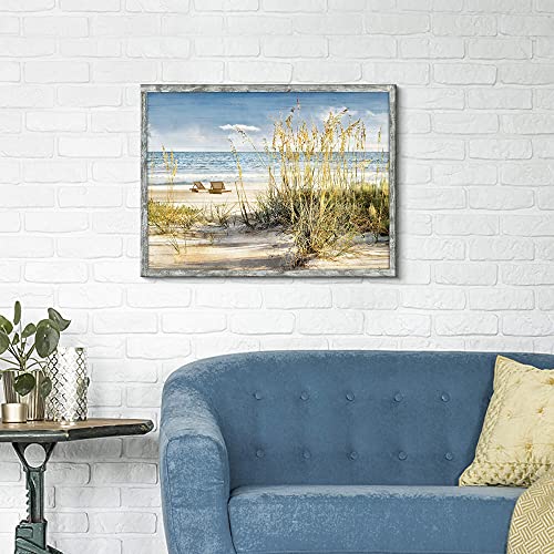 Beach Picture Wooden Artwork Framed: Coastline Wall Art Seascape Wall Decor Ocean Scene Art Prints for Bedroom 32"x24"