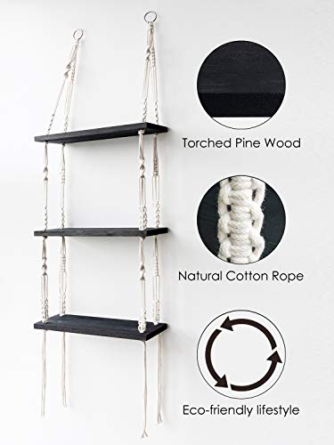 TIMEYARD Macrame Shelf Hanging Shelves, Wooden Wall Shelf with Woven Rope, Black Floating Shelves Storage Organizer, 3 Tier Shelf Boho Decor for Living Room, Bathroom, Bedroom