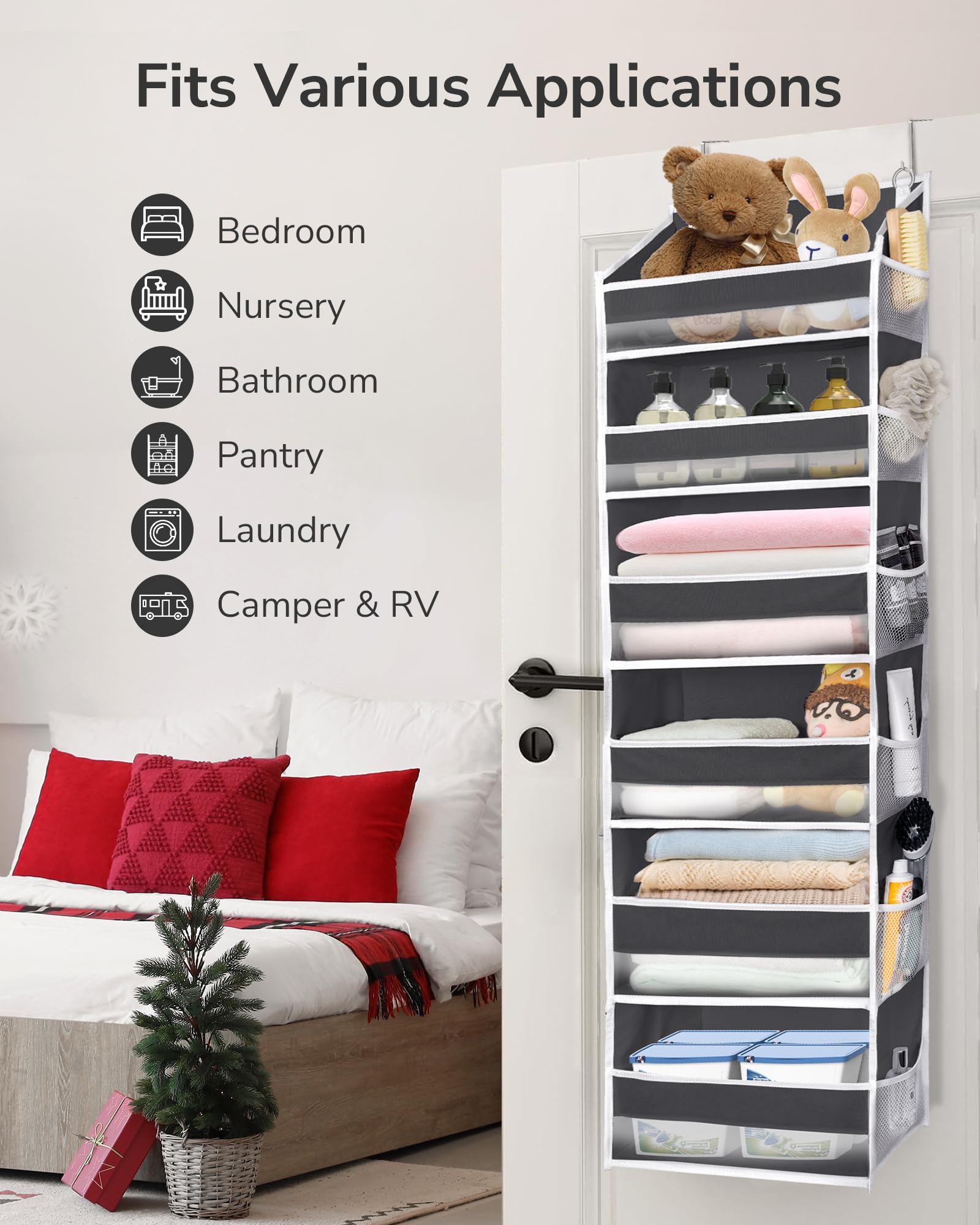 ULG Over Door Organizer with 4 Large Pockets 6 Mesh Side Pockets, 33 lbs Weight Capacity Hanging Storage Organizer with Clear Window for Bedroom Nursery, Baby Kids Toys, Diapers, Dark Grey (1 Pack)