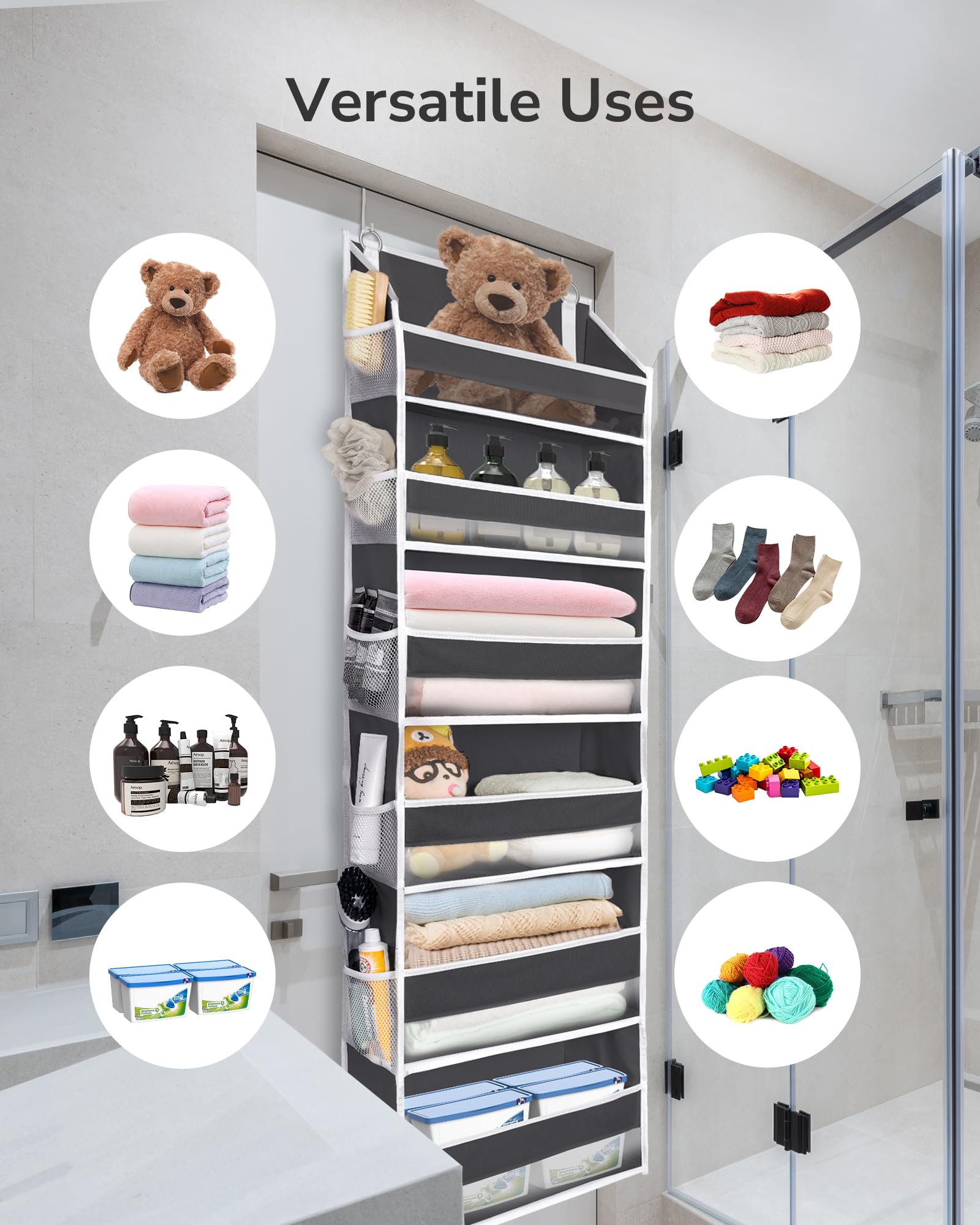 ULG Over Door Organizer with 4 Large Pockets 6 Mesh Side Pockets, 33 lbs Weight Capacity Hanging Storage Organizer with Clear Window for Bedroom Nursery, Baby Kids Toys, Diapers, Dark Grey (1 Pack)