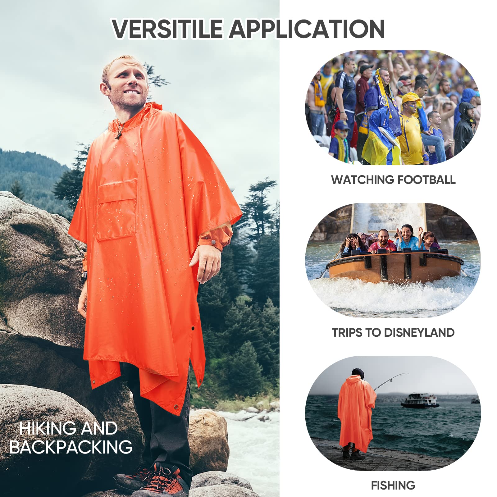 PTEROMY Hooded Rain Poncho for Adult with Pocket, Waterproof Lightweight Unisex Raincoat for Hiking Camping Emergency (Orange)