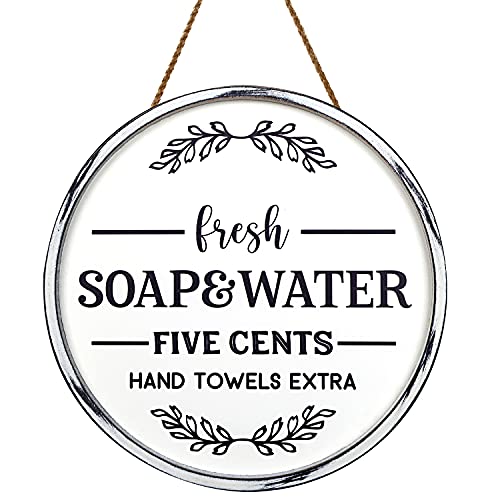Farmhouse Bathroom Wall Decor - Rustic Framed Round Wooden Sign - Vintage Decoration for Toilet Washroom Restroom - 12 x 12 x 0.75 inch (Fresh Soap & Water)