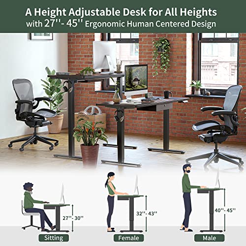 FEZIBO 55 x 24 Inches Standing Desk with Drawer, Adjustable Height Electric Stand up Desk, Sit Stand Home Office Desk, Ergonomic Workstation Black Steel Frame/Black Tabletop