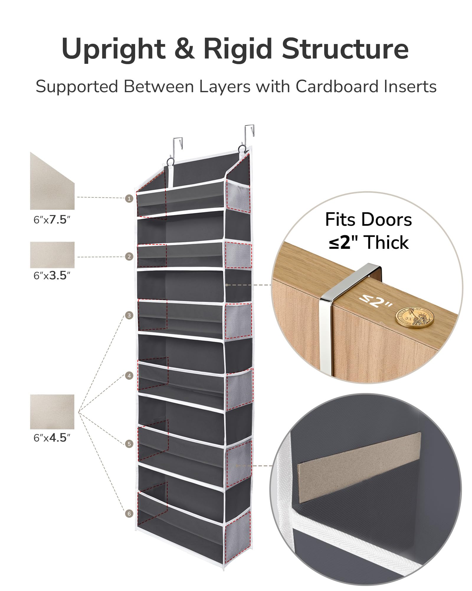 ULG Over Door Organizer with 4 Large Pockets 6 Mesh Side Pockets, 33 lbs Weight Capacity Hanging Storage Organizer with Clear Window for Bedroom Nursery, Baby Kids Toys, Diapers, Dark Grey (1 Pack)