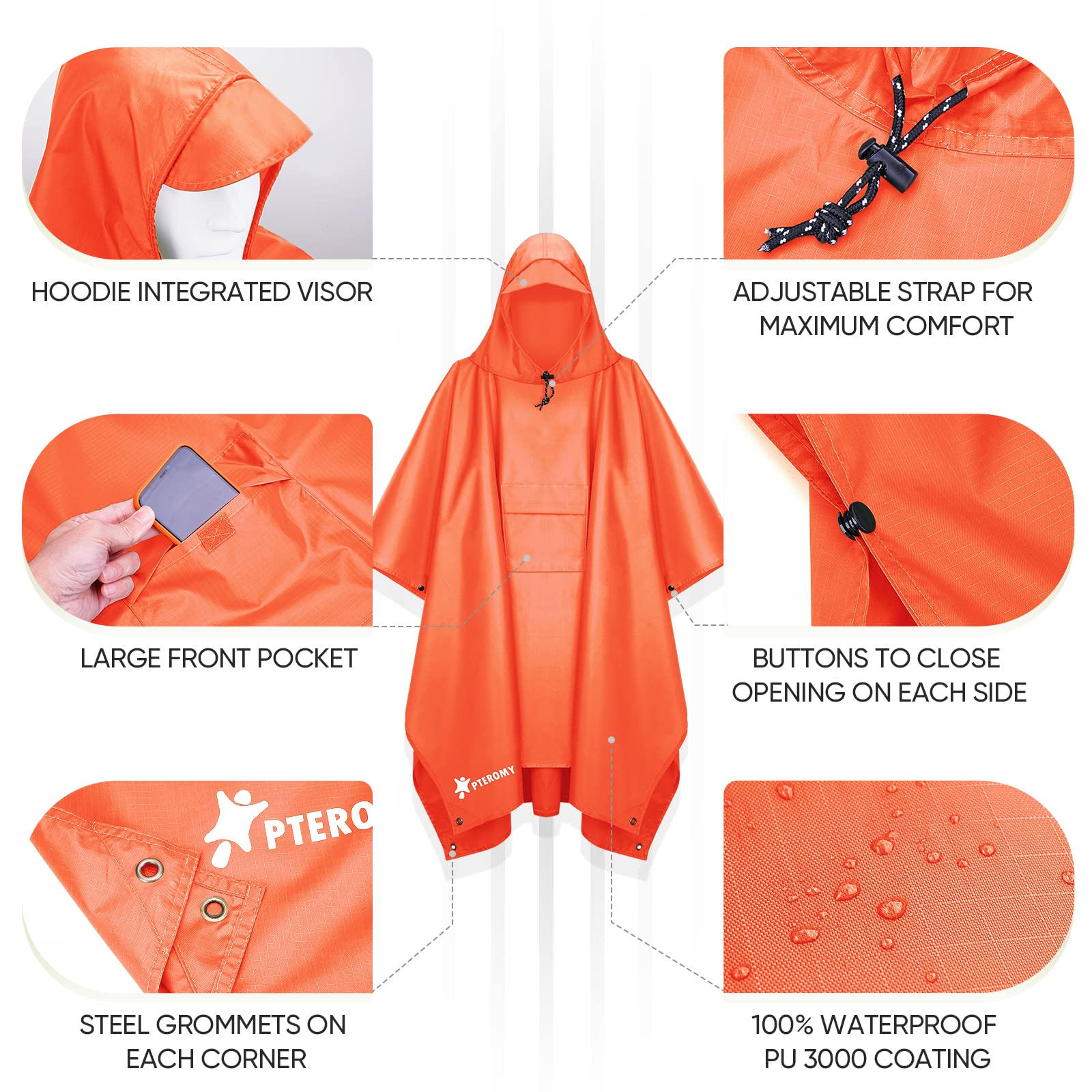 PTEROMY Hooded Rain Poncho for Adult with Pocket, Waterproof Lightweight Unisex Raincoat for Hiking Camping Emergency (Orange)