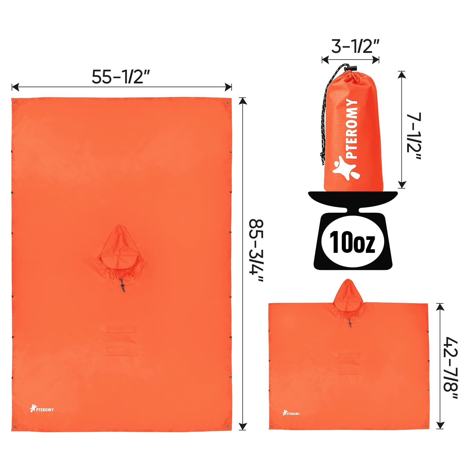 PTEROMY Hooded Rain Poncho for Adult with Pocket, Waterproof Lightweight Unisex Raincoat for Hiking Camping Emergency (Orange)