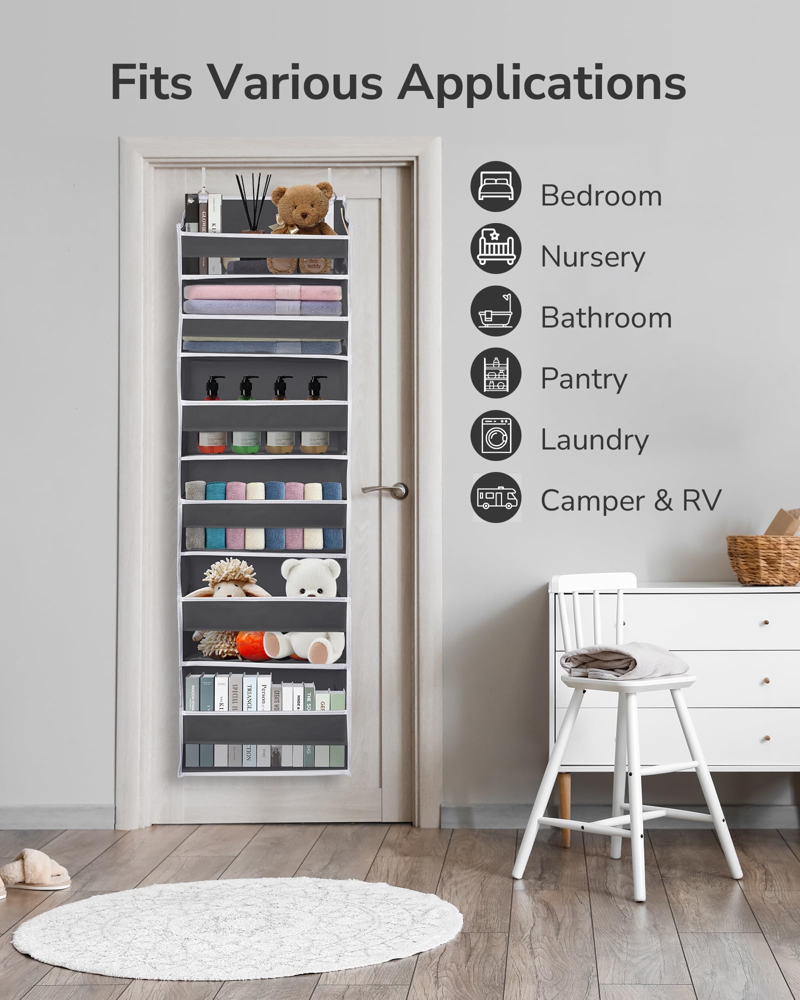 ULG Over Door Organizer with 4 Large Pockets 6 Mesh Side Pockets, 33 lbs Weight Capacity Hanging Storage Organizer with Clear Window for Bedroom Nursery, Baby Kids Toys, Diapers, Dark Grey (1 Pack)