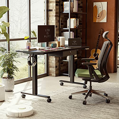 FEZIBO 55 x 24 Inches Standing Desk with Drawer, Adjustable Height Electric Stand up Desk, Sit Stand Home Office Desk, Ergonomic Workstation Black Steel Frame/Black Tabletop