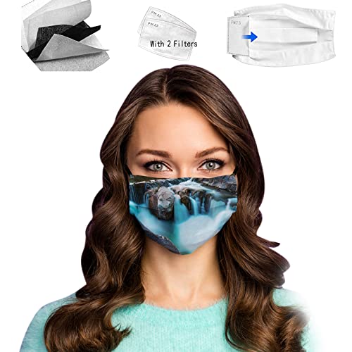 Fubido Landscape Fillter Cloth Face mask for women men,Waterfall Basalt Rocks Rural Park Nature Woods Photo Washable Reusable Windproof Mouth Anti Dust Double Protection Sky Blue Grey Green