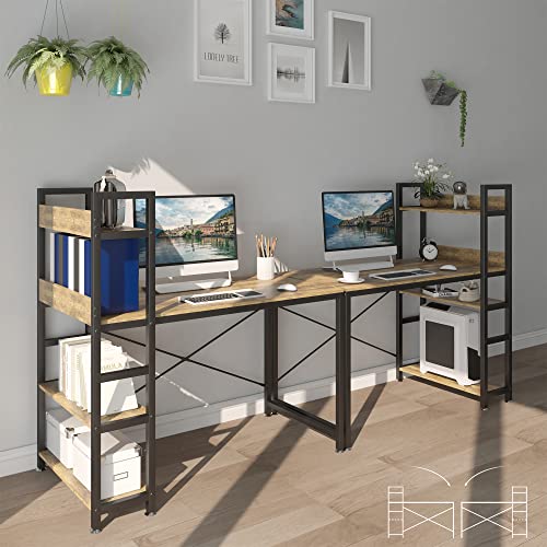 JSungo Computer Desk with 4 Tiers Shelves, 47 Inch Sturdy Table with Reversible Bookshelf for Home Office, Study Tower Desk for Small Space, Industrial Modern Style, Rustic Brown