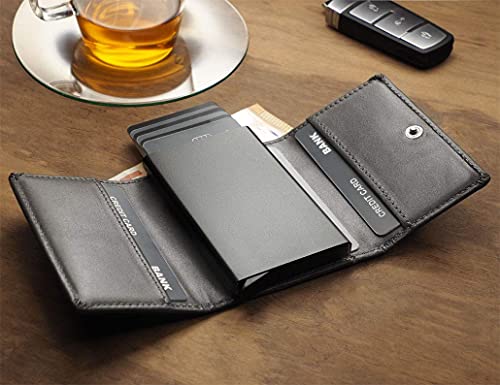 PULARYS Mini Wallet BOSTON - Multifunckion Credit Card Case - Italian Leather - RFID blocking - Size: 7.5 x 9.5 x 2.5 cm - Space for up to 10 Cards - Snap Fastener - Classic Design