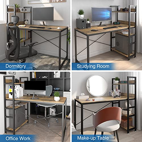 JSungo Computer Desk with 4 Tiers Shelves, 47 Inch Sturdy Table with Reversible Bookshelf for Home Office, Study Tower Desk for Small Space, Industrial Modern Style, Rustic Brown