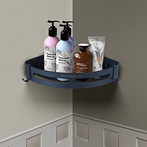 Adhesive Bathroom Shower Corner Shelf Wall Mounted,Shower Caddy Organizer with Removable Hooks, Aluminum Storage Shelves for Bathroom and Kitchen (Black triangle double basket)