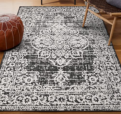 Sherloom Indoor Outdoor Area Rug 8x10 | Non-Shed - Washable - Non-Slip Flatweave Area Rugs for Living Room, Dining, Patio, Pool Deck | Vintage Collection Black Rug