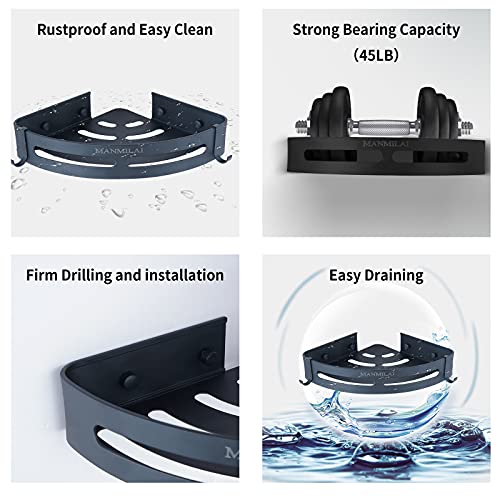 Adhesive Bathroom Shower Corner Shelf Wall Mounted,Shower Caddy Organizer with Removable Hooks, Aluminum Storage Shelves for Bathroom and Kitchen (Black triangle double basket)