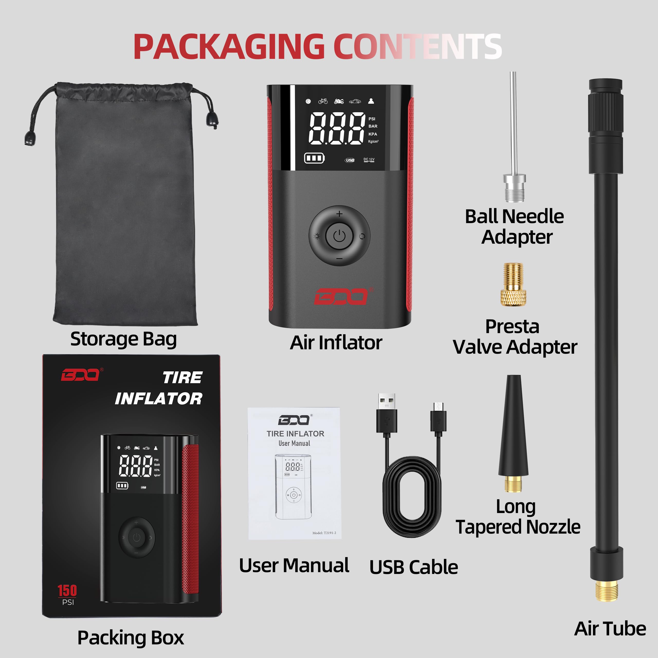 BDO 150 PSI Portable Air Compressor Pump for Car, Motorcycle, E-Bike - Tire Inflator with Pressure Gauge and 2X Inflation Cord