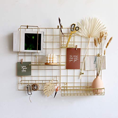 JOVONE Wall Grid Panel Basket,Display shelf,Pen Holder,Hooks Rack,Bookshelf,Wall Organizer For Home supplies,Set of 5 (Gold)