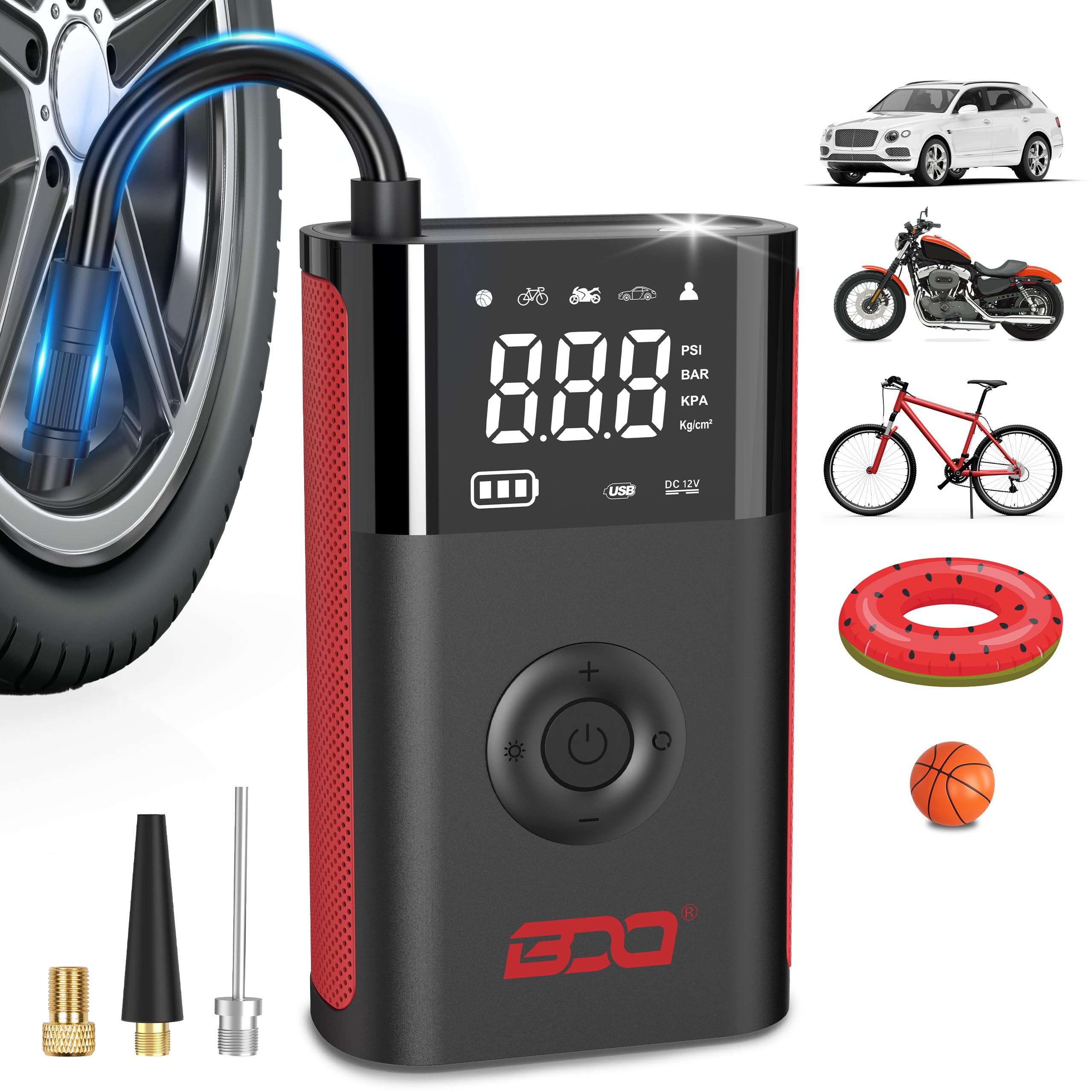 BDO 150 PSI Portable Air Compressor Pump for Car, Motorcycle, E-Bike - Tire Inflator with Pressure Gauge and 2X Inflation Cord