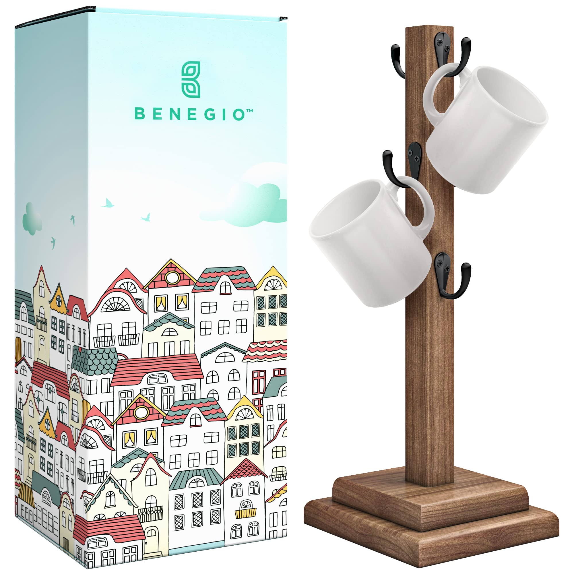 BENEGIO Coffee Cup Holder Mug Tree Mug Rack Timeless Collection - Satin Medium Roast Finish - Superior Craftsmanship - Anti-Tip & Slip Coffee Station Organizer - Coffee Mug Holder for Counter & Bar