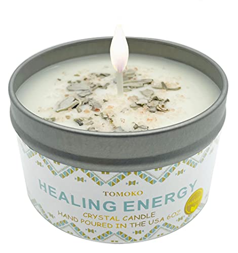 White Sage Candle, Sage Leaf, Himalayan Crystal Salt & Essential Oil, Healing Energy, Crystal Candle