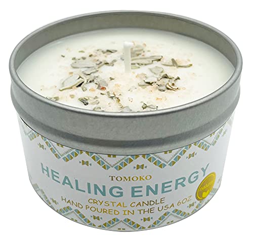 White Sage Candle, Sage Leaf, Himalayan Crystal Salt & Essential Oil, Healing Energy, Crystal Candle