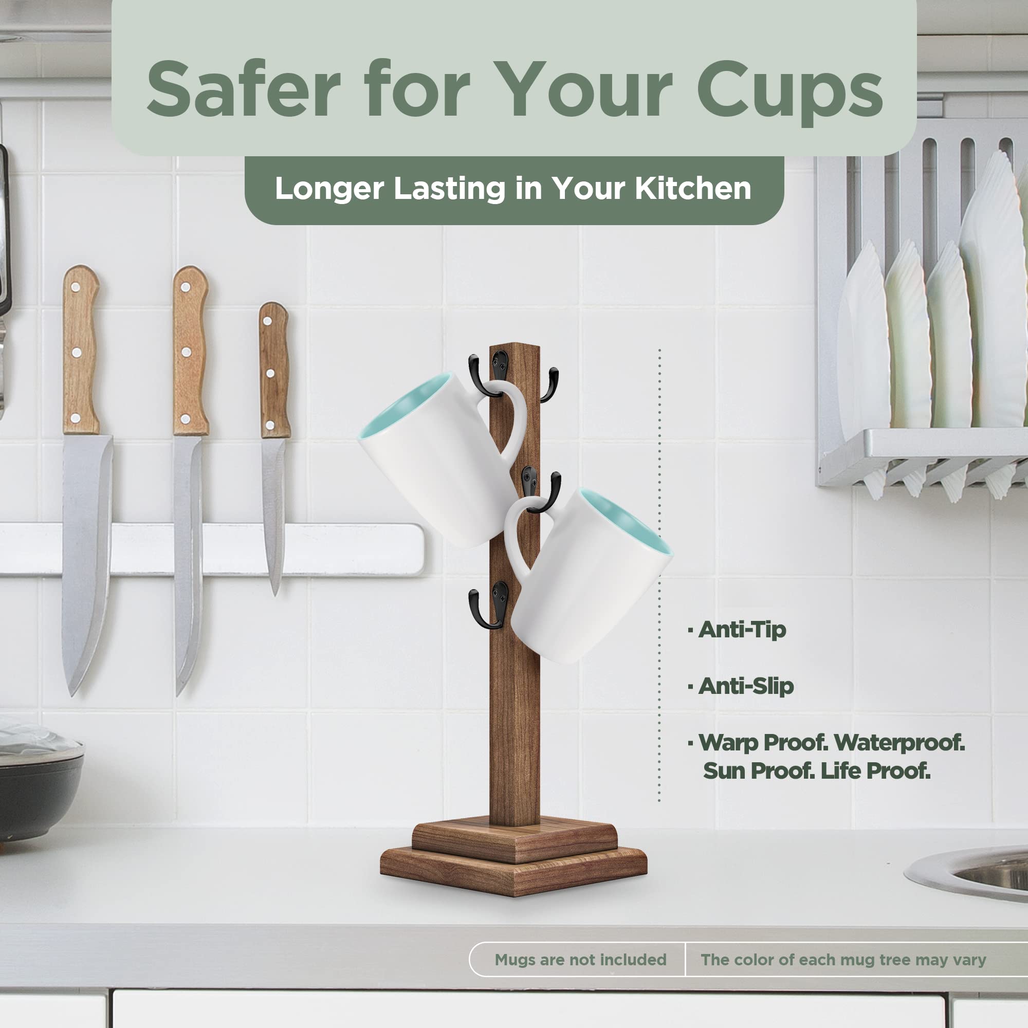 BENEGIO Coffee Cup Holder Mug Tree Mug Rack Timeless Collection - Satin Medium Roast Finish - Superior Craftsmanship - Anti-Tip & Slip Coffee Station Organizer - Coffee Mug Holder for Counter & Bar