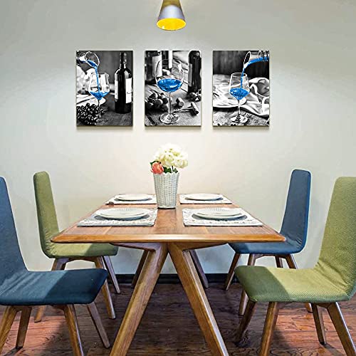 Canvas Wall Art For Kitchen Wall Decor For Dining Room Black And White Wine Glasses Painting Modern Blue Wine Canvas Art Prints Ready To Hang Pictures For Restaurant Home Decorations 12"X16" 3 Pieces