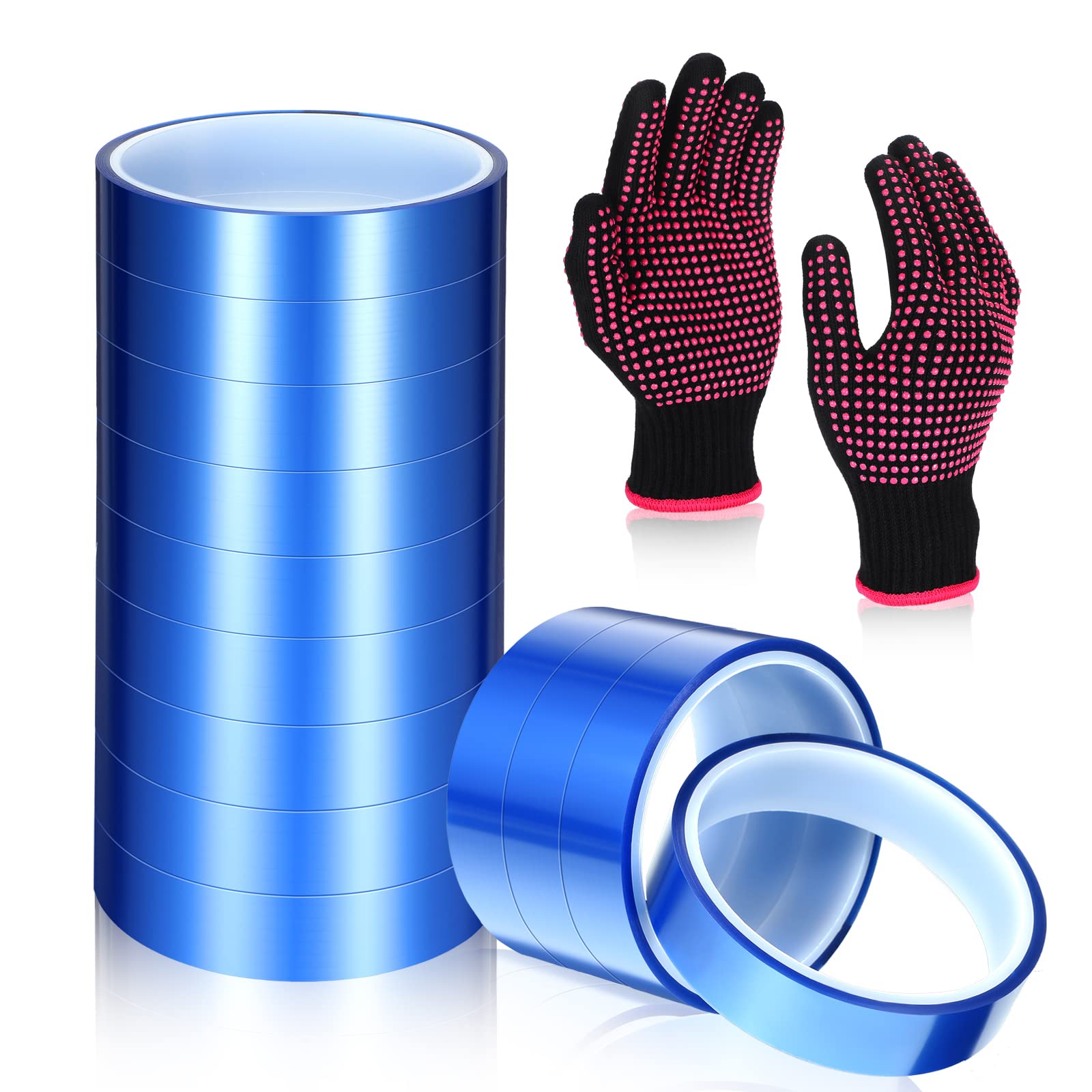 Jeyiour Heat Resistant Gloves and Sublimation Heat Tape, 9 Rolls High Temperature Tape with 1 Pair Gloves for Sublimation Silicone Bump, 10 Piece Set